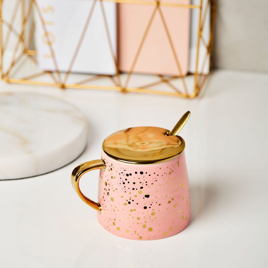 Gold Speckled Pink Mug With Spoon and Lid | Martha Brook